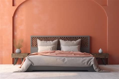 빈 검은색 벽 3d 렌더링 이미지가 있는 현대적인 침실 인테리어미니멀한 Generative Ai가 있습니다 프리미엄 사진