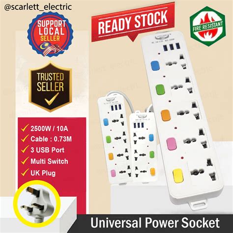 Universal Power Strip 3 Usb Charging Port Multi Switch Extension Socket