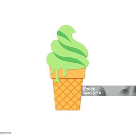 Trandy 종이에 와플 컵에 그린 아이스크림 컷 스타일 공예와 맛 있는 밝은 여름 아이스크림 녹는 상품 패키지 디자인 자른 아트 스타일에 벡터 카드 그림에 대 한 흰색