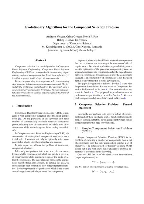 Pdf Evolutionary Algorithms For The Component Selection Problem