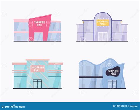 Set Of Shopping Mall Building Exterior Flat Design Style Modern Vector