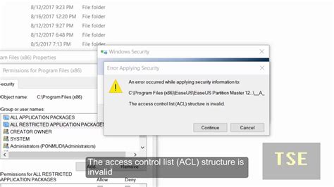 the access control list acl structure is invalid error applying security in windows 10