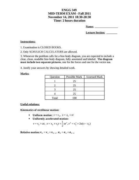 Fall 2011 Midterm ENGG 349 MID TERM EXAM Fall 2011 November 14 2011 18 30 20 Time 2 Hours