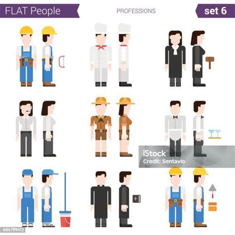 평면 스타일 디자인 전문 사람들 벡터 아이콘 세트 직업 목수 요리 판단 생성자 카우걸 웨이터 청소기 신부 플랫 사람들 컬렉션입니다 디자인에 대한 스톡 벡터 아트 및 기타