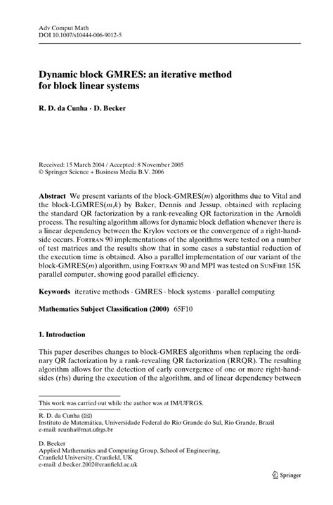 Pdf Dynamic Block Gmres An Iterative Method For Block Linear Systems