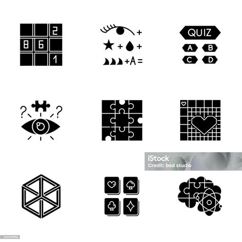 퍼즐과 수수께끼 문말 아이콘 세트 스도쿠 퀴즈 퀴즈 노노그램 착시 퍼즐 논리 게임 정신 운동 도전 수수께끼 실루엣 기호입니다 벡터 절연 그림 0명에 대한 스톡 벡터 아트 및