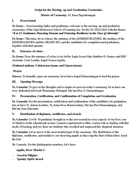 Graduation Script Use This Wisely Script For The Moving Up And