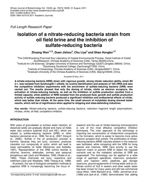 Pdf Isolation Of A Nitrate Reducing Bacteria Strain From Oil Field Brine And The Inhibition Of