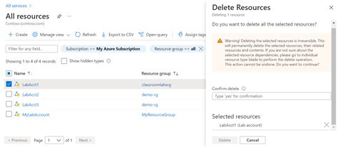 exibir e excluir laboratórios em uma conta de laboratório no azure lab