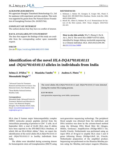 Identification Of The Novel Hla‐dqa101010111 And ‐dqa101030113 Alleles In Individuals