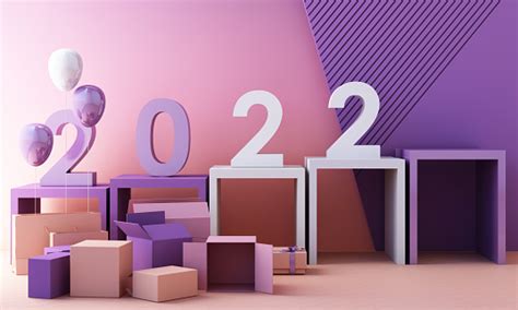 2022년 새해를 컨셉으로 한 글자 투명한 볼로 상품과 선물 상자를 전시하기 위한 기하학적 모양으로 둘러싸인 보라색 핑크 트렌드 컬러톤 3d 렌더링 2022년에 대한 스톡