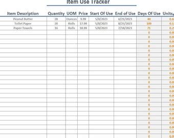 Item Tracker Excel Spreadsheet For Tracking How Long It Takes To Use Bulk Items Etsy