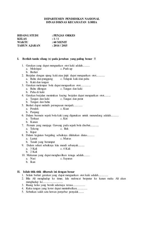 Soal Penjas Kelas 2 Sd Semester 1 Dan Kunci Jawaban Ruang Ilmu