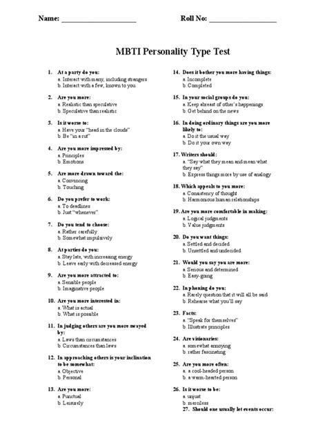 Mbti Personality Type Test Document And Scoring Sheet Pdf Psychological Concepts Psychology