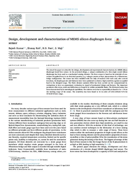 Pdf Design Development And Characterization Of Mems Silicon Diaphragm Force Sensor