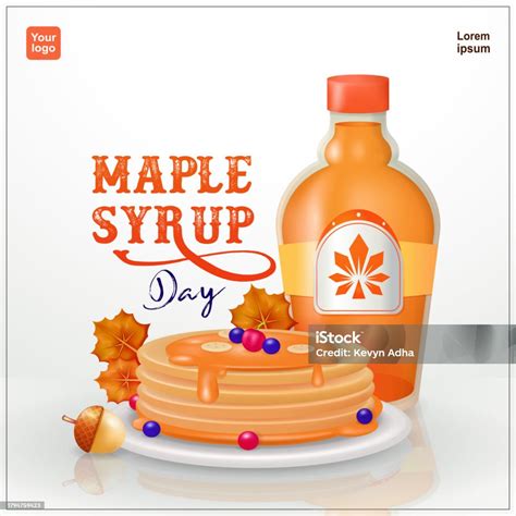 메이플 시럽 데이 신선한 팬케이크 베리와 메이플 잎이 들어간 달콤한 메이플 시럽 유리병 식품 비즈니스 및 이벤트에 적합한 3d 벡터 메이플 시럽에 대한 스톡 벡터 아트 및
