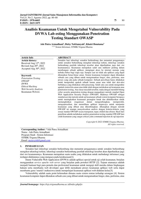Pdf Analisis Keamanan Untuk Mengetahui Vulnerability Pada Dvwa Lab Esting Menggunakan