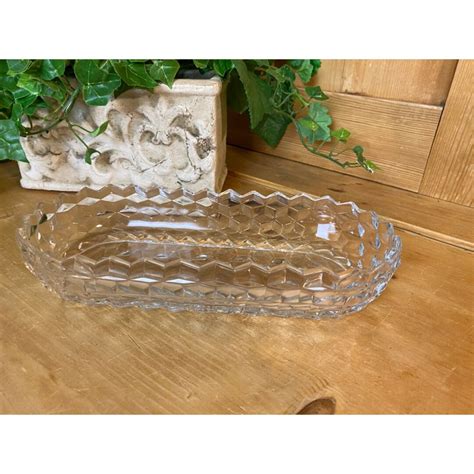 Vintage Clear Glass Oval Celery Tray Fostoria American Cube Pattern