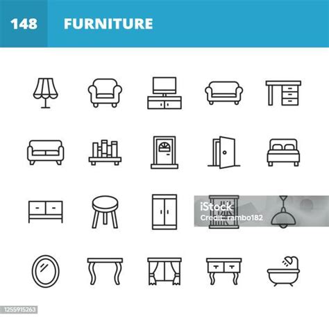 가구 라인 아이콘 편집 가능한 스트로크 픽셀 완벽한 모바일 및 웹용 램프 안락 의자 Tv 벤치 책상 소파 소파 문 침대 옷장