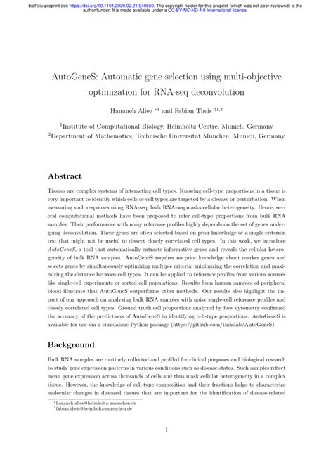 PDF AutoGeneS Automatic Gene Selection Using Multi Objective Optimization For RNA Seq