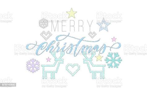 메리 크리스마스 서 예 글꼴 및 자 수 장식 휴일 인사말 카드 디자인에 대 한 크리스마스 사슴 눈송이 및 흰색 새 해 배경 별 장식 니트 패턴 벡터 0명에 대한 스톡 벡터