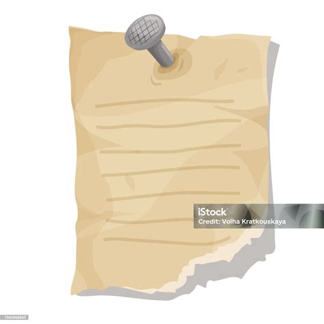 흰색 배경에 종이의 못 오래된 찢어진 시트에 고정 베이지 서양인을 위한 소박한 노트 텍스트가 있는 템플릿입니다 벡터 일러스트레이션 못에 대한 스톡 벡터 아트 및 기타 이미지