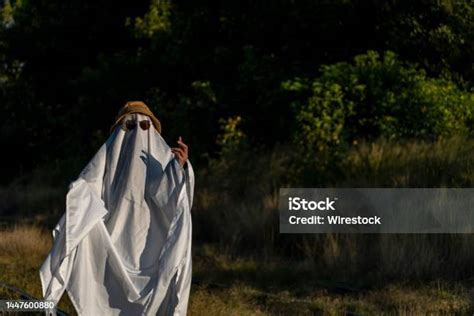 공원에서 흰색 시트 선글라스 노란 모자를 쓴 재미있는 유령 의상을 입은 사람 공휴일에 대한 스톡 사진 및 기타 이미지 공휴일 귀신 노랑 Istock