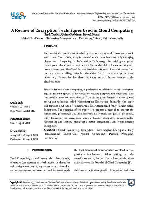 Pdf A Review Of Encryption Techniques Used In Cloud Computing