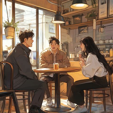 고집이 센 남자 사장님과 여자 알바생이 있는 아늑한 카페 내부 테이블에 앉아 있는 못된 남자 알바생이 두 사람을 향해 뒷담화를 하고 있는 모습 사장님은 단호한 표정으로