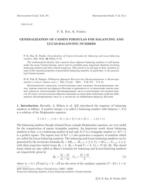 pdf generalization of cassini formulas for balancing and lucas