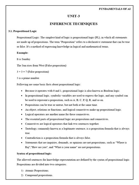 Fundamentals Of Ai Unit 3 Notes Pdf First Order Logic Logic