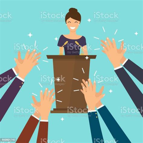 사업에 성공입니다 무대에서 연설을 하는 여자 인간의 손 박수입니다 평면 디자인 현대 벡터 일러스트 레이 션 개념입니다 스피커에 대한 스톡 벡터 아트 및 기타 이미지 Istock