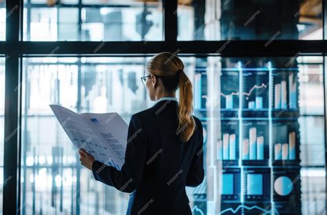 Premium Photo Businesswoman Evaluating Financial Graphs In Modern Office