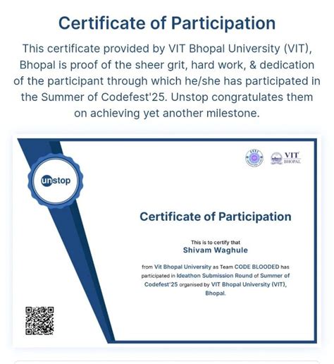 codefest25 vitbhopal unstop hackathonexperience learningneverstops… shivam waghule