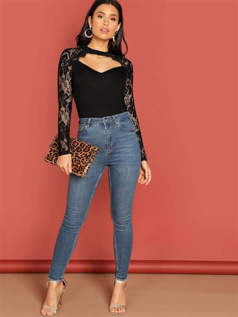 Didk Damen Elegant Langarm Body Mit Spitze Ärmeln Und Schleife Bodysuit Bodys Unterwäsche And Dessous