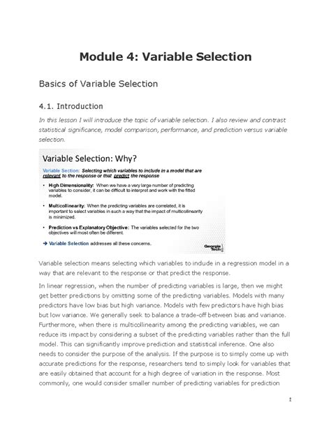 Module 4 Lecture Transcripts Module 4 Variable Selection Basics Of