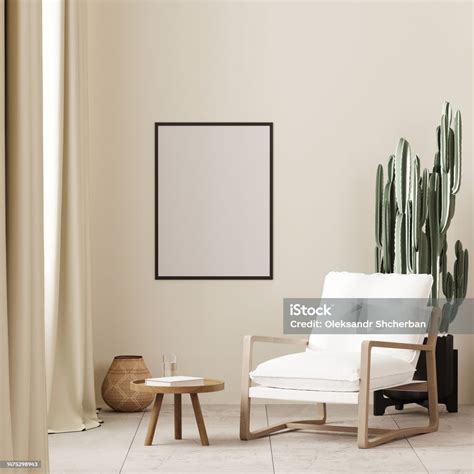 포스터 프레임은 보헤미안 스타일의 인테리어 배경으로 흰색 안락의자와 커피 테이블이 있는 창문 베이지색 벽 3d 렌더링 0명에 대한 스톡 사진 및 기타 이미지 Istock