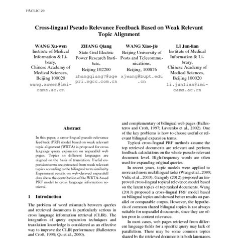 Cross Lingual Pseudo Relevance Feedback Based On Weak Relevant Topic Alignment Acl Anthology