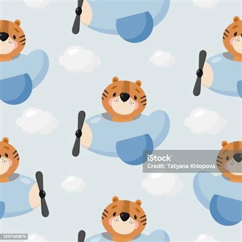 타이거와 함께하는 완벽한 패턴이 비행기에서 날고 있습니다 벡터 일러스트레이션 인사말 카드 포스터 배너 카드 팩에 인쇄 옷 직물