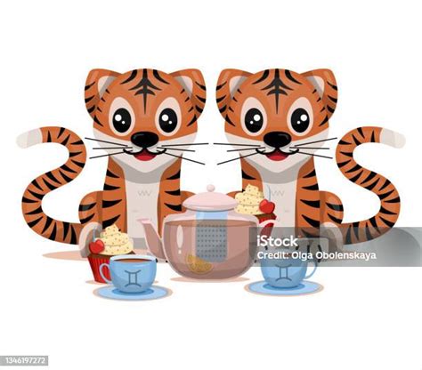 쌍둥이 조디악 기호 점성술 기호 아이콘 벡터 만화 일러스트 별자리와 동부 새해와 호랑이 새끼 0명에 대한 스톡 벡터 아트 및