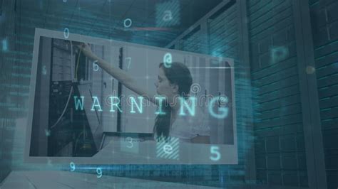 Animation Of Screens With Cyber Security Data Processing Against Computer Server Room Stock