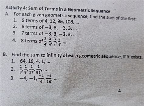 Solved Activity 4 Sum Of Terms In A Geometric Sequence A For Each Given Geometric Sequence