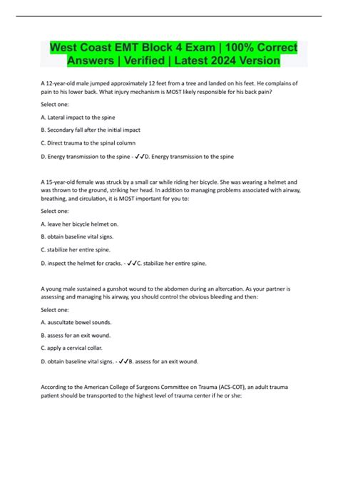 West Coast Emt Block 4 Exam 100 Correct Answers Verified Latest 2024 Version West Coast