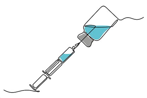 바늘과 백신 튜브 테스트 손으로 그린 라인 아트 미니멀리스트 디자인으로 주사기의 연속 한 선 그리기 의료 장비 또는 도구 벡터 그림 손으로 그린 0명에 대한 스톡 벡터 아트