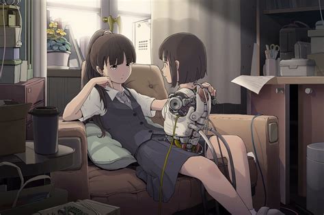 Safebooru 2girls Android Arm Support Between Legs Brown Hair Couch