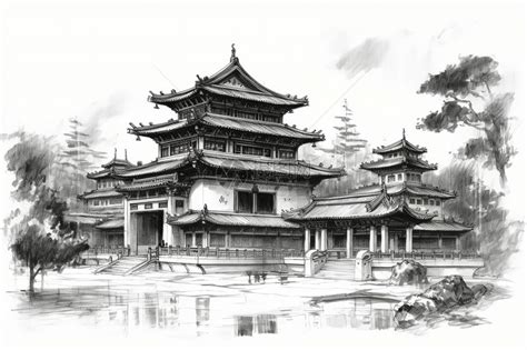 素描风格的中国传统建筑插画图片下载 正版图片600296267 摄图网