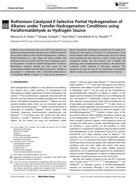 Pdf Ruthenium‐catalyzed E ‐selective Partial Hydrogenation Of Alkynes Under Transfer