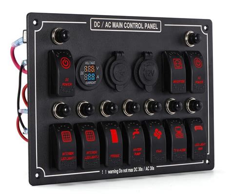 Acdc 10 갱 로커 스위치 패널 회로 듀얼 Usb 전원 소켓 차단기 전압계 포함 Rv 자동차 보트 해양 캠핑 밴용