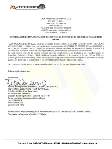 Certificacion De Implementación Del Sistema De Sg Sst Pdf