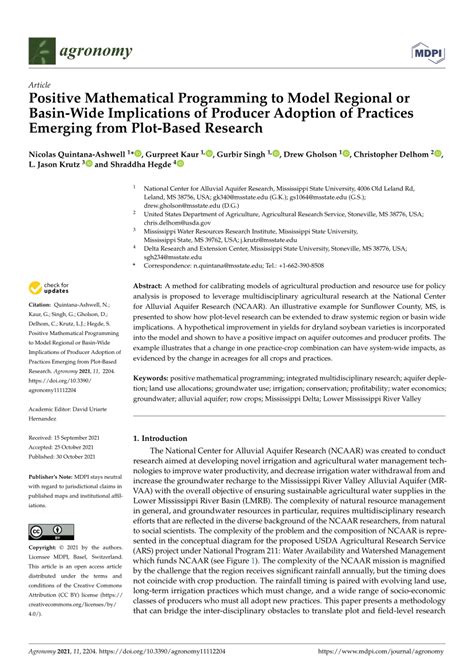 Pdf Positive Mathematical Programming To Model Regional Or Basin Wide Implications Of Producer